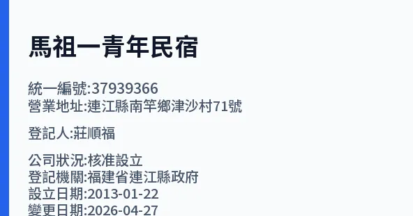 馬祖一青年民宿的照片-統編 37939366(連江縣) 公司登記資料與營業項目詳細圖表