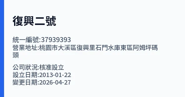 復興二號的照片-統編 37939393(桃園市) 公司登記資料與營業項目詳細圖表