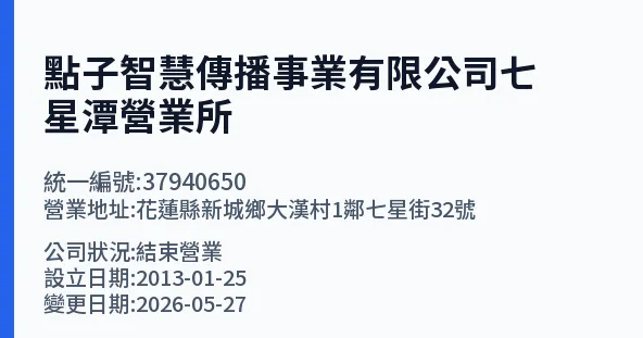 點子智慧傳播事業有限公司七星潭營業所的照片-統編 37940650(花蓮縣) 公司登記資料與營業項目詳細圖表