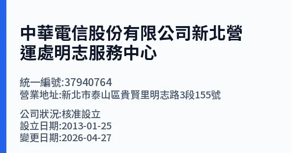 中華電信股份有限公司新北營運處明志服務中心的照片-統編 37940764(新北市) 公司登記資料與營業項目詳細圖表