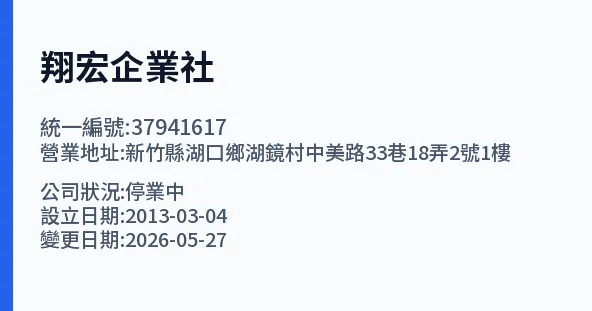 翔宏企業社的照片-統編 37941617(新竹縣) 公司登記資料與營業項目詳細圖表