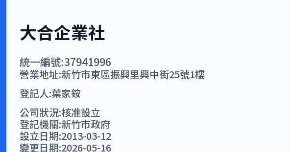 大合企業社的照片-統編 37941996(新竹市) 公司登記資料與營業項目詳細圖表