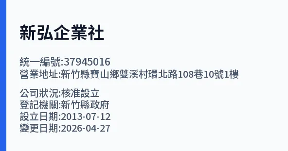 新弘企業社的照片-統編 37945016(新竹縣) 公司登記資料與營業項目詳細圖表