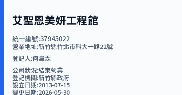 艾聖恩美妍工程館的照片-統編 37945022(新竹縣) 公司登記資料與營業項目詳細圖表