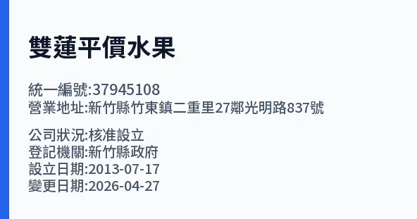 雙蓮平價水果的照片-統編 37945108(新竹縣) 公司登記資料與營業項目詳細圖表