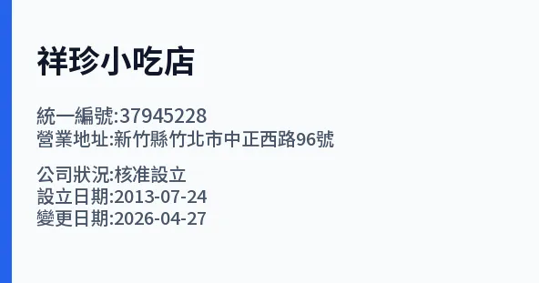 祥珍小吃店的照片-統編 37945228(新竹縣) 公司登記資料與營業項目詳細圖表