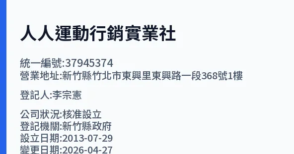 人人運動行銷實業社的照片-統編 37945374(新竹縣) 公司登記資料與營業項目詳細圖表