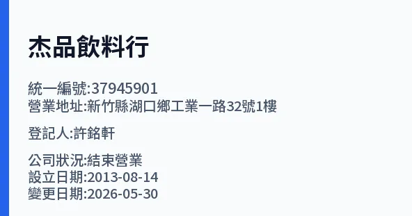 杰品飲料行的照片-統編 37945901(新竹縣) 公司登記資料與營業項目詳細圖表
