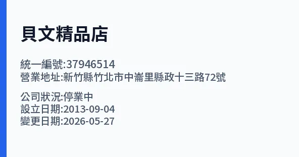 貝文精品店的照片-統編 37946514(新竹縣) 公司登記資料與營業項目詳細圖表