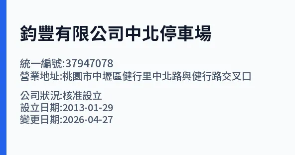 鈞豐有限公司中北停車場的照片-統編 37947078(桃園市) 公司登記資料與營業項目詳細圖表