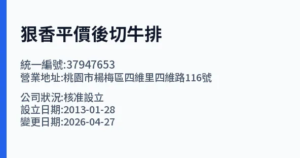 狠香平價後切牛排的照片-統編 37947653(桃園市) 公司登記資料與營業項目詳細圖表
