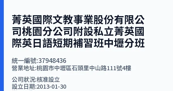 菁英國際文教事業股份有限公司桃園分公司附設私立菁英國際英日語短期補習班中壢分班的照片-統編 37948436(桃園市) 公司登記資料與營業項目詳細圖表