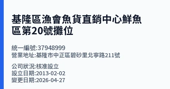 基隆區漁會魚貨直銷中心鮮魚區第20號攤位的照片-統編 37948999(基隆市) 公司登記資料與營業項目詳細圖表