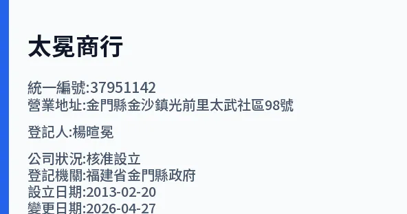 太冕商行的照片-統編 37951142(金門縣) 公司登記資料與營業項目詳細圖表