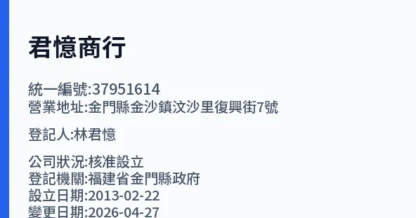 君憶商行的照片-統編 37951614(金門縣) 公司登記資料與營業項目詳細圖表