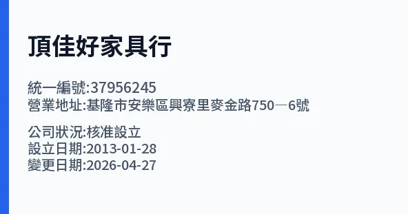 頂佳好家具行的照片-統編 37956245(基隆市) 公司登記資料與營業項目詳細圖表