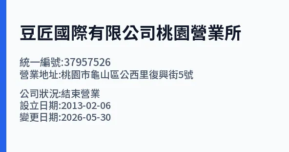 豆匠國際有限公司桃園營業所的照片-統編 37957526(桃園市) 公司登記資料與營業項目詳細圖表