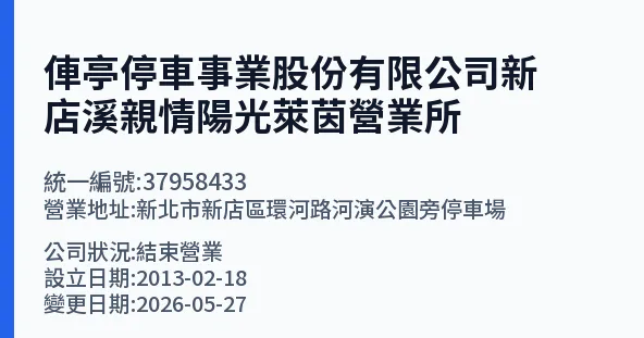 俥亭停車事業股份有限公司新店溪親情陽光萊茵營業所的照片-統編 37958433(新北市) 公司登記資料與營業項目詳細圖表