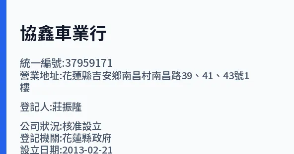 協鑫車業行的照片-統編 37959171(花蓮縣) 公司登記資料與營業項目詳細圖表