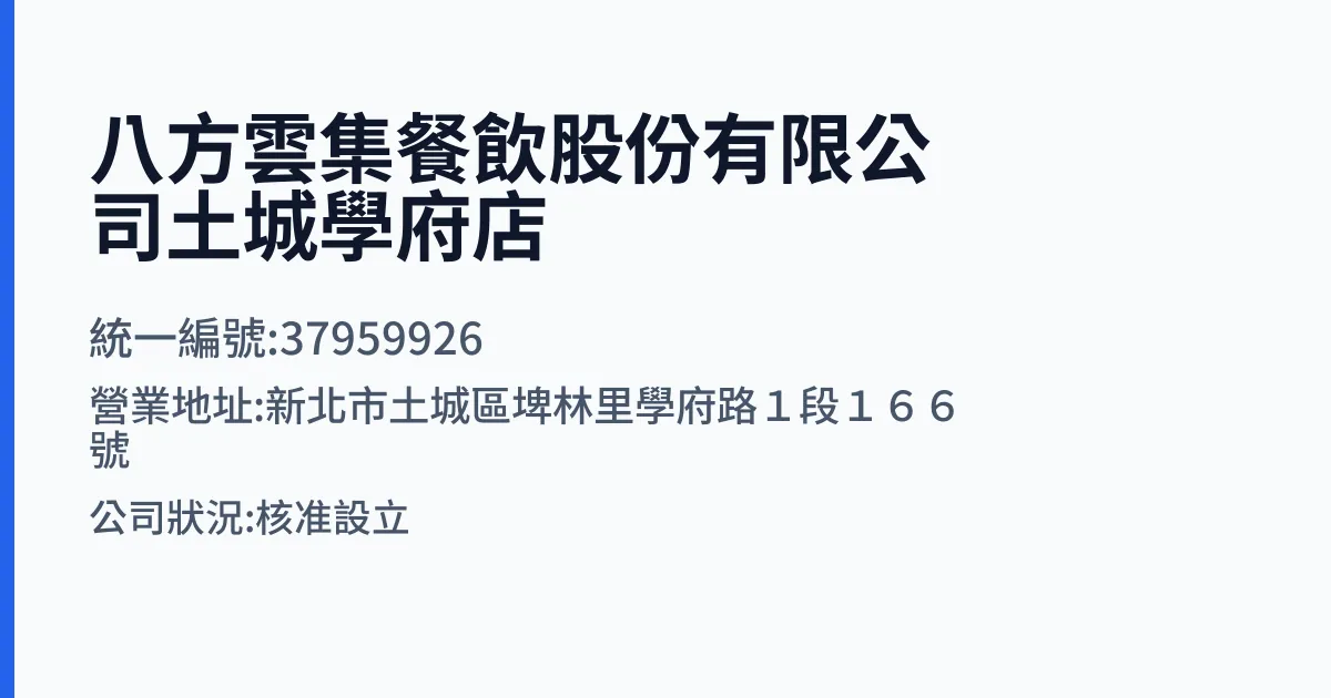 八方雲集餐飲股份有限公司土城學府店 - 統編 37959926(新北市) 公司登記資料與營業項目詳細圖表