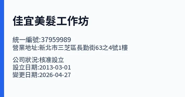 佳宜美髮工作坊的照片-統編 37959989(新北市) 公司登記資料與營業項目詳細圖表