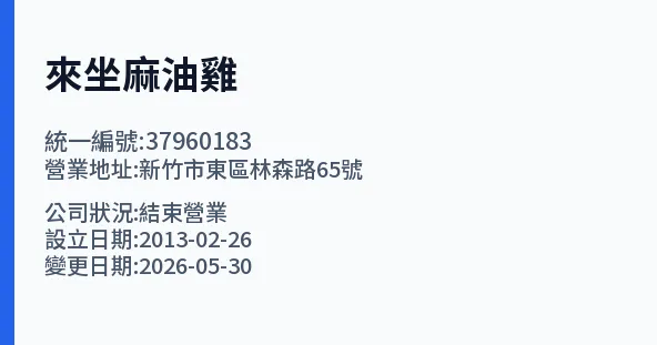 來坐麻油雞的照片-統編 37960183(新竹市) 公司登記資料與營業項目詳細圖表