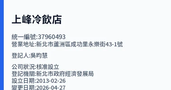 上峰冷飲店的照片-統編 37960493(新北市) 公司登記資料與營業項目詳細圖表