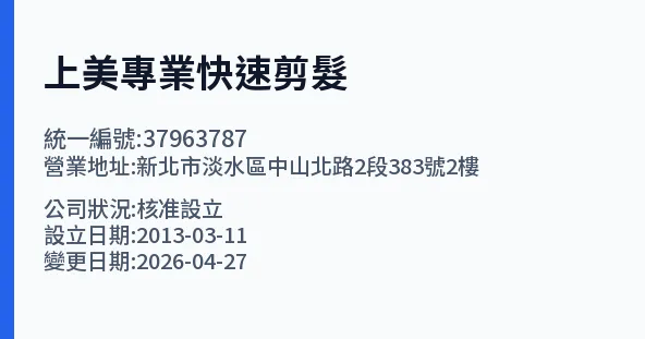 上美專業快速剪髮的照片-統編 37963787(新北市) 公司登記資料與營業項目詳細圖表