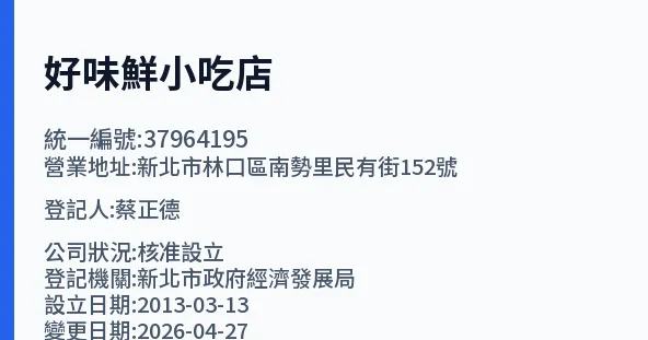 好味鮮小吃店的照片-統編 37964195(新北市) 公司登記資料與營業項目詳細圖表
