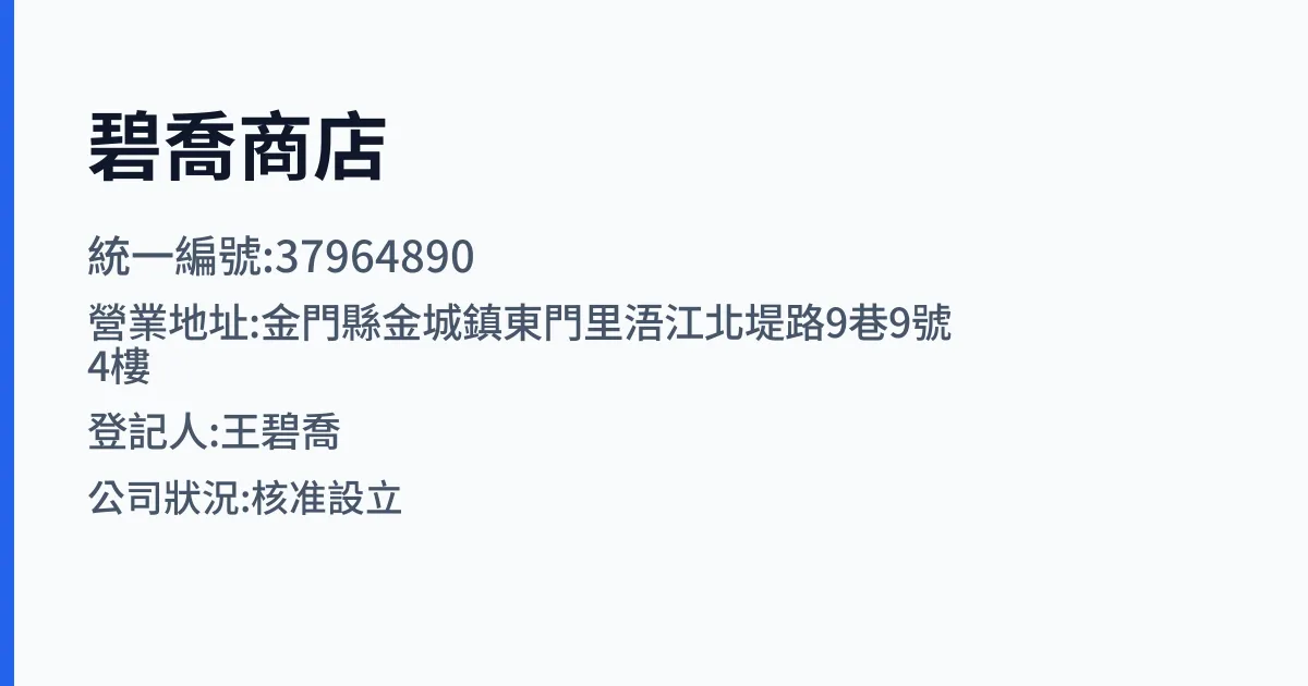 碧喬商店 - 統編 37964890(金門縣) 公司登記資料與營業項目詳細圖表