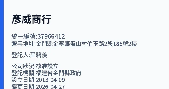 彥威商行的照片-統編 37966412(金門縣) 公司登記資料與營業項目詳細圖表