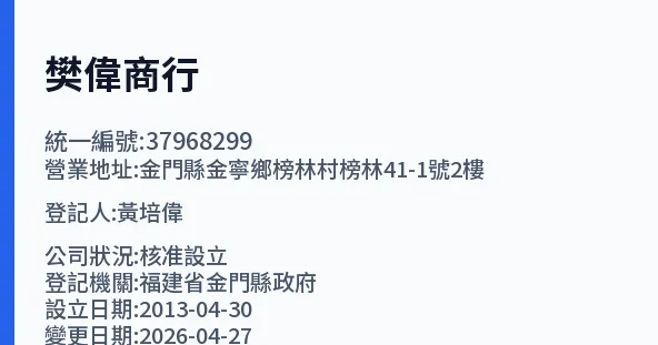 樊偉商行的照片-統編 37968299(金門縣) 公司登記資料與營業項目詳細圖表