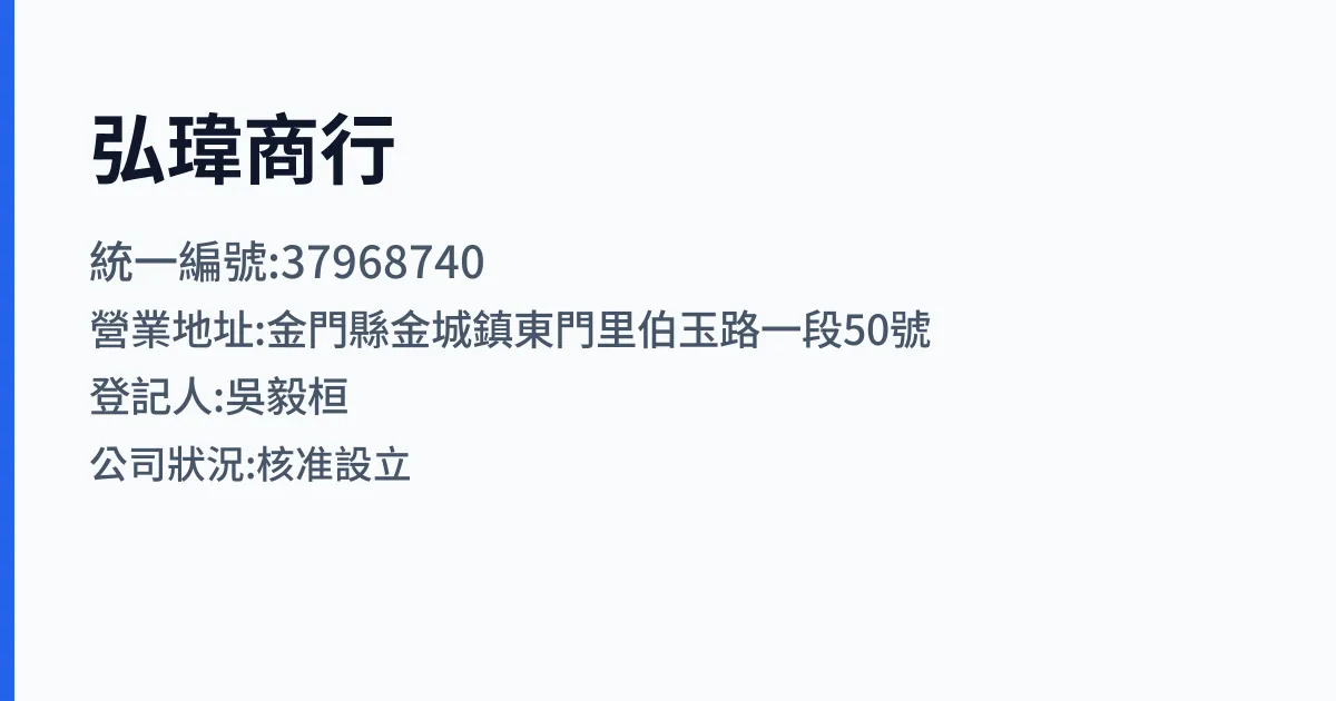 弘瑋商行 - 統編 37968740(金門縣) 公司登記資料與營業項目詳細圖表