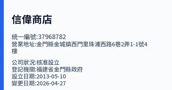 信偉商店的照片-統編 37968782(金門縣) 公司登記資料與營業項目詳細圖表