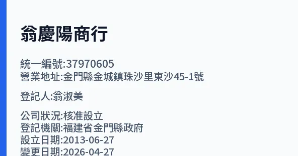 翁慶陽商行的照片-統編 37970605(金門縣) 公司登記資料與營業項目詳細圖表