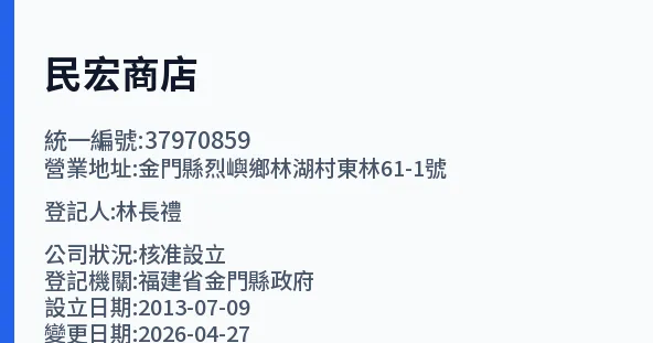 民宏商店的照片-統編 37970859(金門縣) 公司登記資料與營業項目詳細圖表