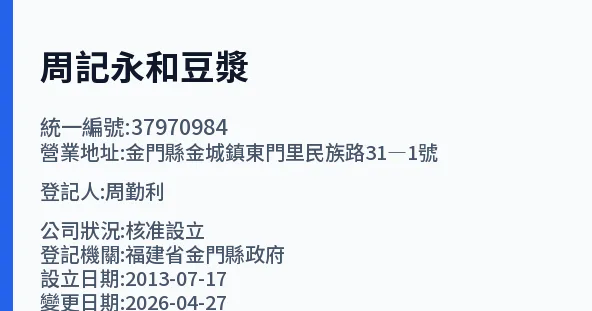 周記永和豆漿的照片-統編 37970984(金門縣) 公司登記資料與營業項目詳細圖表