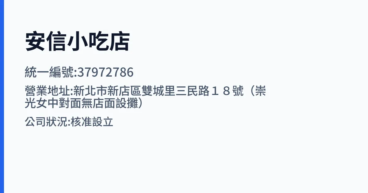 安信小吃店 - 統編 37972786(新北市) 公司登記資料與營業項目詳細圖表
