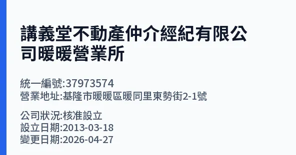 講義堂不動產仲介經紀有限公司暖暖營業所的照片-統編 37973574(基隆市) 公司登記資料與營業項目詳細圖表