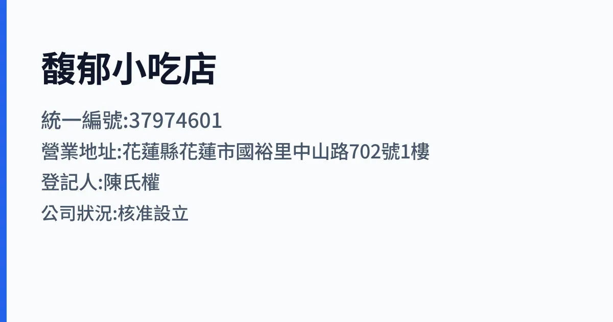 馥郁小吃店 - 統編 37974601(花蓮縣) 公司登記資料與營業項目詳細圖表