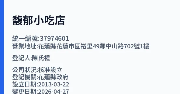 馥郁小吃店的照片-統編 37974601(花蓮縣) 公司登記資料與營業項目詳細圖表