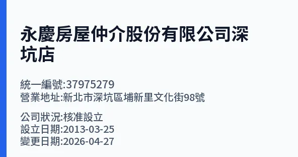 永慶房屋仲介股份有限公司深坑店的照片-統編 37975279(新北市) 公司登記資料與營業項目詳細圖表