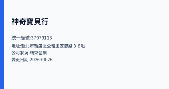 神奇寶貝行的照片-統編 37979113(新北市) 公司登記資料與營業項目詳細圖表