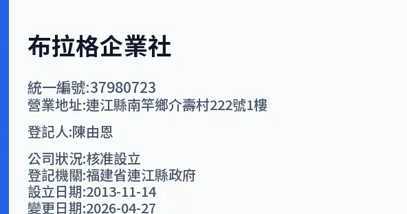 布拉格企業社的照片-統編 37980723(連江縣) 公司登記資料與營業項目詳細圖表