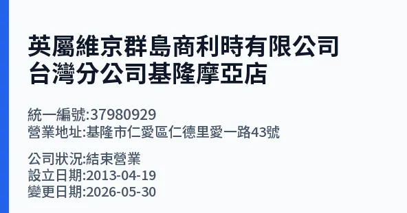 英屬維京群島商利時有限公司台灣分公司基隆摩亞店的照片-統編 37980929(基隆市) 公司登記資料與營業項目詳細圖表
