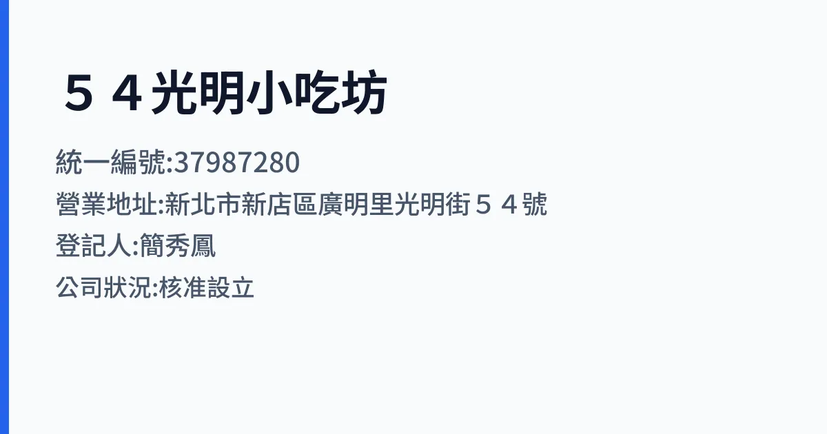 ５４光明小吃坊 - 統編 37987280(新北市) 公司登記資料與營業項目詳細圖表