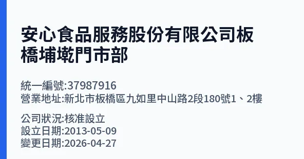 安心食品服務股份有限公司板橋埔墘門市部的照片-統編 37987916(新北市) 公司登記資料與營業項目詳細圖表