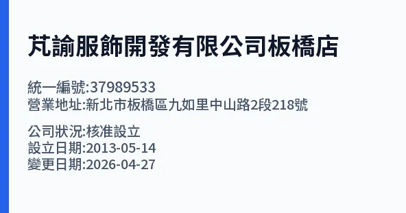 芃諭服飾開發有限公司板橋店的照片-統編 37989533(新北市) 公司登記資料與營業項目詳細圖表