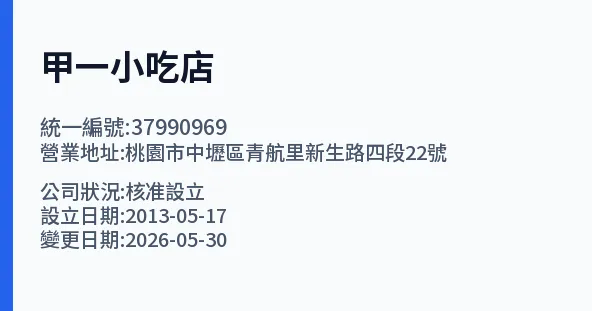 甲一小吃店的照片-統編 37990969(桃園市) 公司登記資料與營業項目詳細圖表