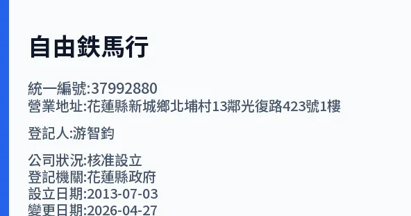自由鉄馬行的照片-統編 37992880(花蓮縣) 公司登記資料與營業項目詳細圖表